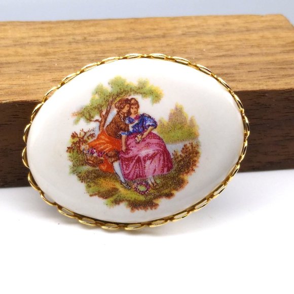 Jewelry | Vintage Fragonard Courting Couple Brooch Porcelain Lapel Pin ...